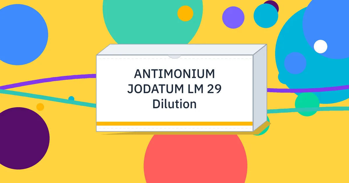 Symbolbild: Packung mit der Aufschrift ANTIMONIUM JODATUM LM 29 Dilution (PZN 12764429) – Verfügbarkeit und Bezug in Apotheken in Frankfurt am Main