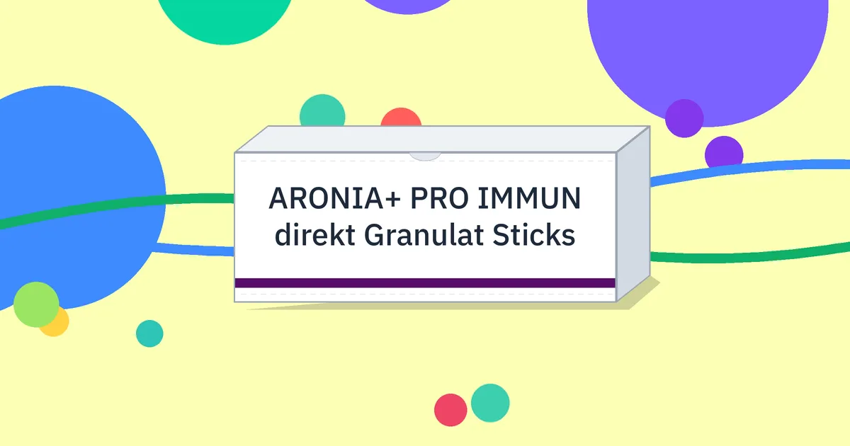 Symbolbild: Packung mit der Aufschrift ARONIA+ PRO IMMUN direkt Granulat Sticks (PZN 17846652) – Verfügbarkeit und Bezug in Apotheken in Frankfurt am Main