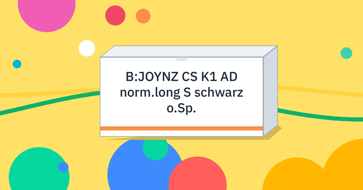 Symbolbild: Packung mit der Aufschrift B:JOYNZ CS K1 AD norm.long S schwarz o.Sp. (PZN 20525012) – Verfügbarkeit und Bezug in Apotheken in Frankfurt am Main