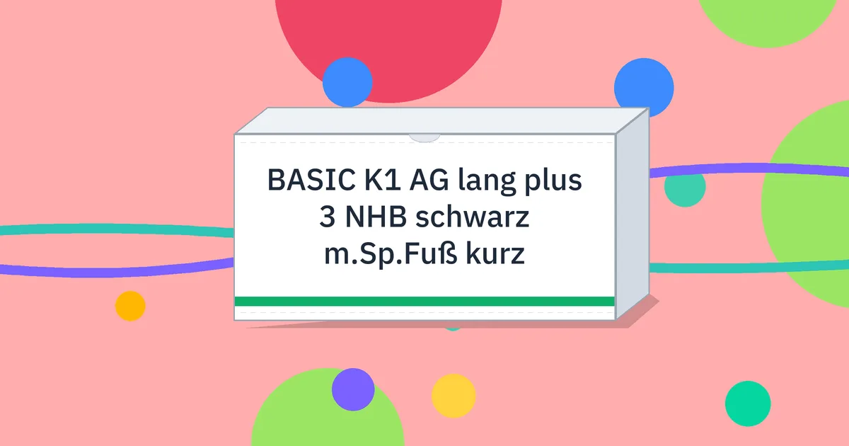 Symbolbild: Packung mit der Aufschrift BASIC K1 AG lang plus 3 NHB schwarz m.Sp.Fuß kurz (PZN 20260393) – Verfügbarkeit und Bezug in Apotheken in Frankfurt am Main