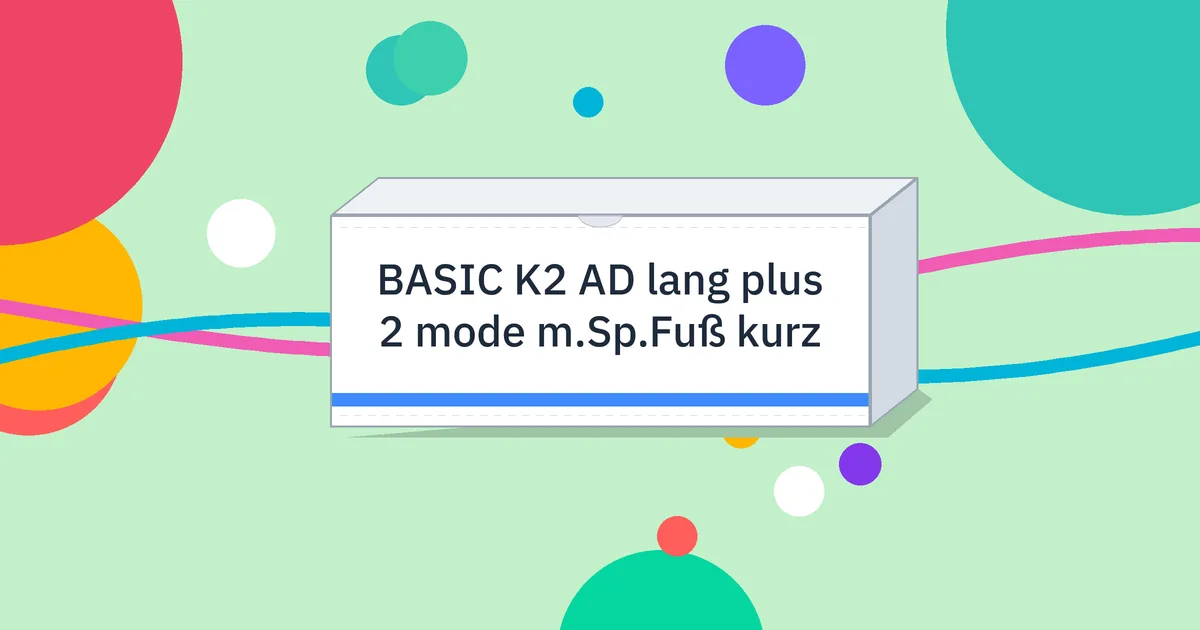 Symbolbild: Packung mit der Aufschrift BASIC K2 AD lang plus 2 mode m.Sp.Fuß kurz (PZN 20264190) – Verfügbarkeit und Bezug in Apotheken in Frankfurt am Main