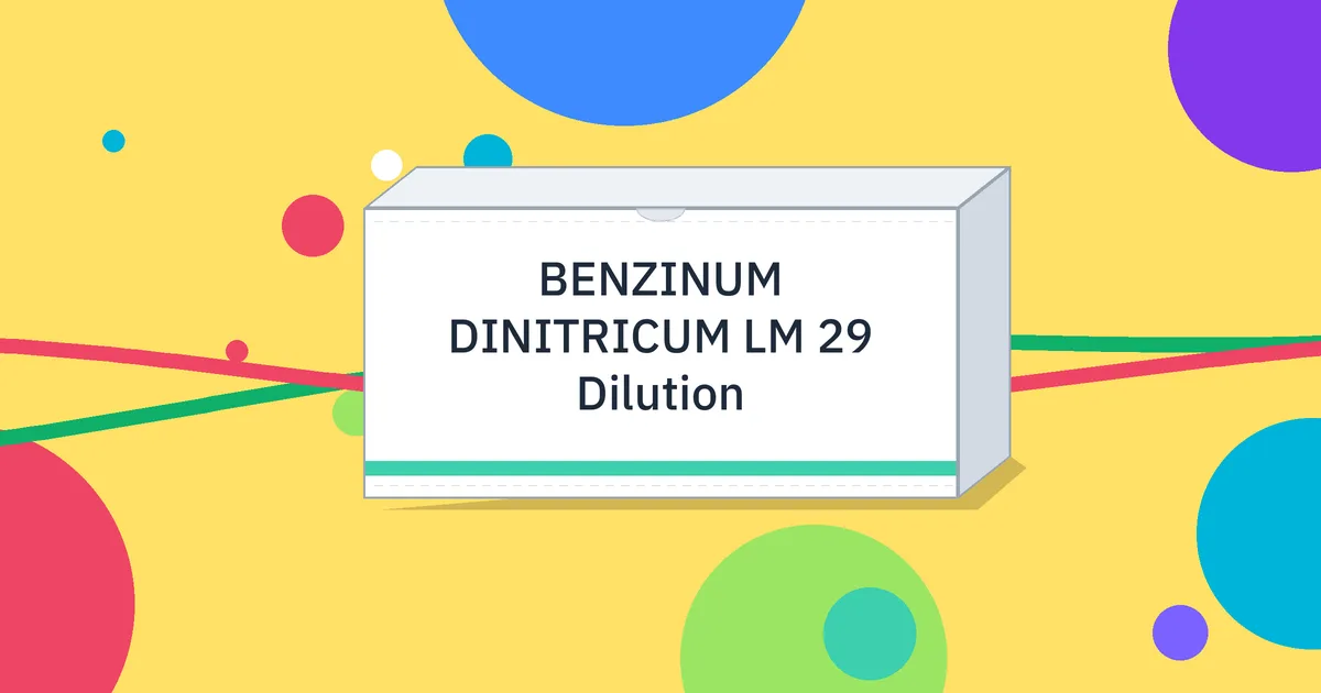 Symbolbild: Packung mit der Aufschrift BENZINUM DINITRICUM LM 29 Dilution (PZN 13382635) – Verfügbarkeit und Bezug in Apotheken in Frankfurt am Main