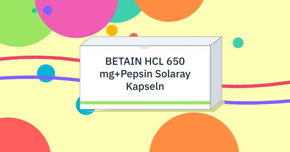 Symbolbild: Packung mit der Aufschrift BETAIN HCL 650 mg+Pepsin Solaray Kapseln (PZN 18226762) – Verfügbarkeit und Bezug in Apotheken in Frankfurt am Main