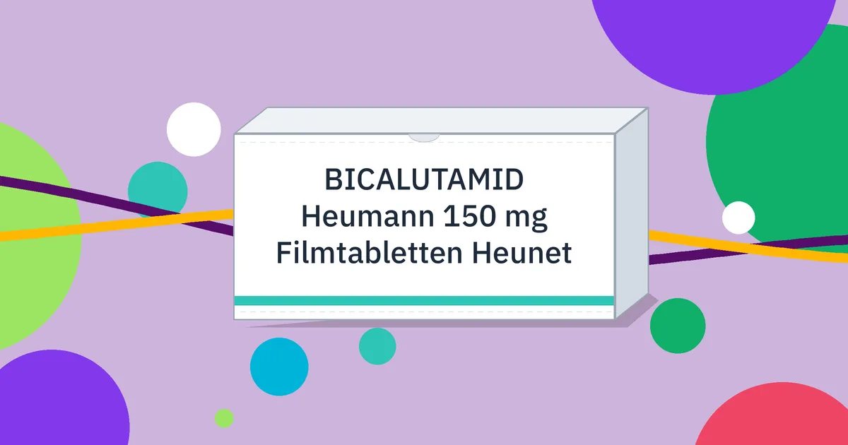 Symbolbild: Packung mit der Aufschrift BICALUTAMID Heumann 150 mg Filmtabletten Heunet (PZN 15023389) – Verfügbarkeit und Bezug in Apotheken in Frankfurt am Main
