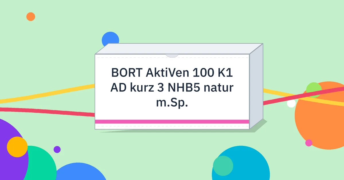 Symbolbild: Packung mit der Aufschrift BORT AktiVen 100 K1 AD kurz 3 NHB5 natur m.Sp. (PZN 17493722) – Verfügbarkeit und Bezug in Apotheken in Frankfurt am Main