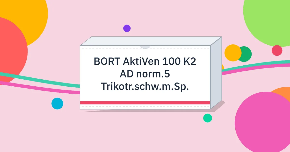 Symbolbild: Packung mit der Aufschrift BORT AktiVen 100 K2 AD norm.5 Trikotr.schw.m.Sp. (PZN 14386747) – Verfügbarkeit und Bezug in Apotheken in Frankfurt am Main