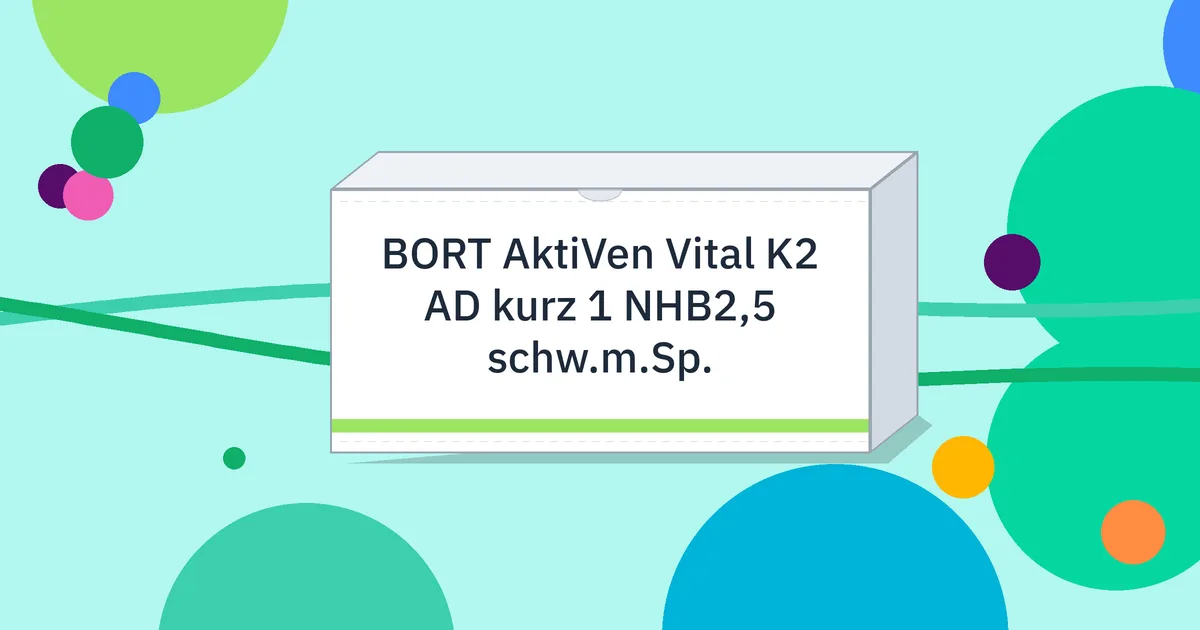 Symbolbild: Packung mit der Aufschrift BORT AktiVen Vital K2 AD kurz 1 NHB2,5 schw.m.Sp. (PZN 17498122) – Verfügbarkeit und Bezug in Apotheken in Frankfurt am Main