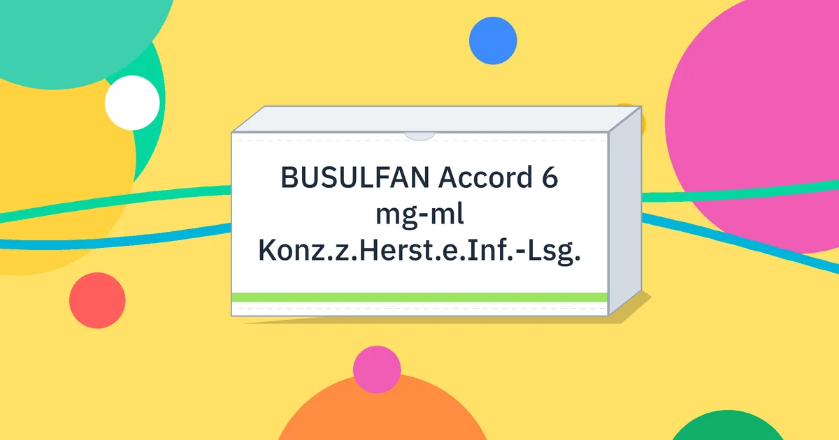 Symbolbild: Packung mit der Aufschrift BUSULFAN Accord 6 mg-ml Konz.z.Herst.e.Inf.-Lsg. (PZN 12457118) – Verfügbarkeit und Bezug in Apotheken in Frankfurt am Main