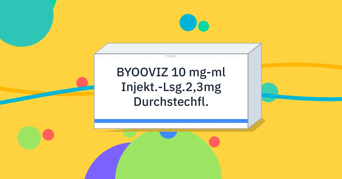Symbolbild: Packung mit der Aufschrift BYOOVIZ 10 mg-ml Injekt.-Lsg.2,3mg Durchstechfl. (PZN 19289279) – Verfügbarkeit und Bezug in Apotheken in Frankfurt am Main
