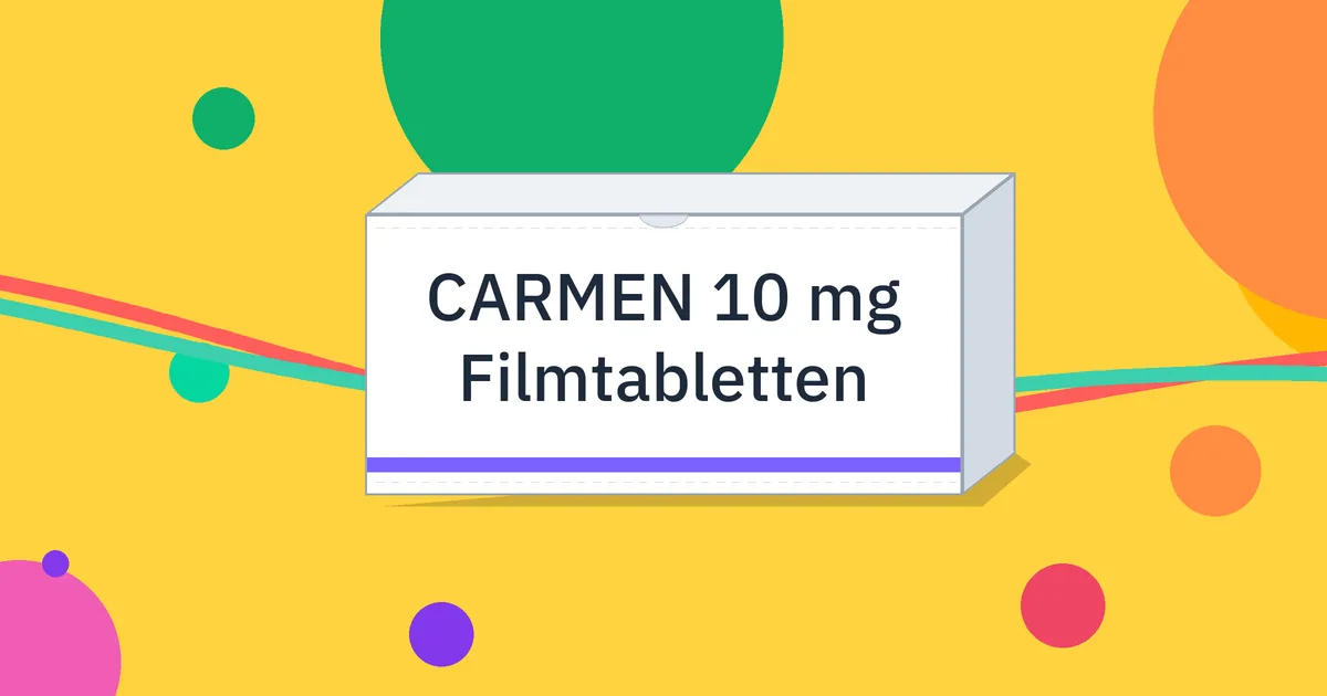 Symbolbild: Packung mit der Aufschrift CARMEN 10 mg Filmtabletten (PZN 01339812) – Verfügbarkeit und Bezug in Apotheken in Frankfurt am Main