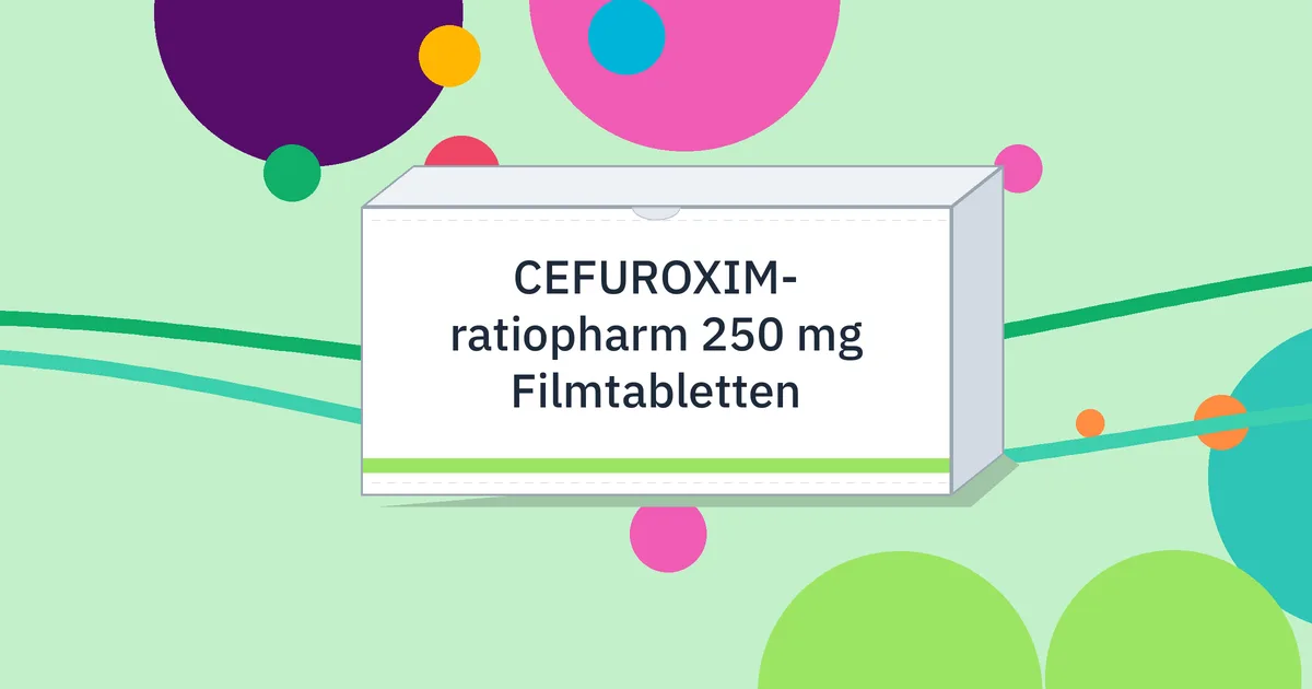 Symbolbild: Packung mit der Aufschrift CEFUROXIM-ratiopharm 250 mg Filmtabletten (PZN 01266993) – Verfügbarkeit und Bezug in Apotheken in Frankfurt am Main