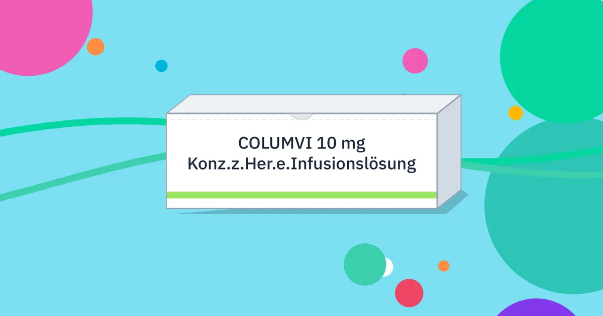Symbolbild: Packung mit der Aufschrift COLUMVI 10 mg Konz.z.Her.e.Infusionslösung (PZN 18269607) – Verfügbarkeit und Bezug in Apotheken in Frankfurt am Main