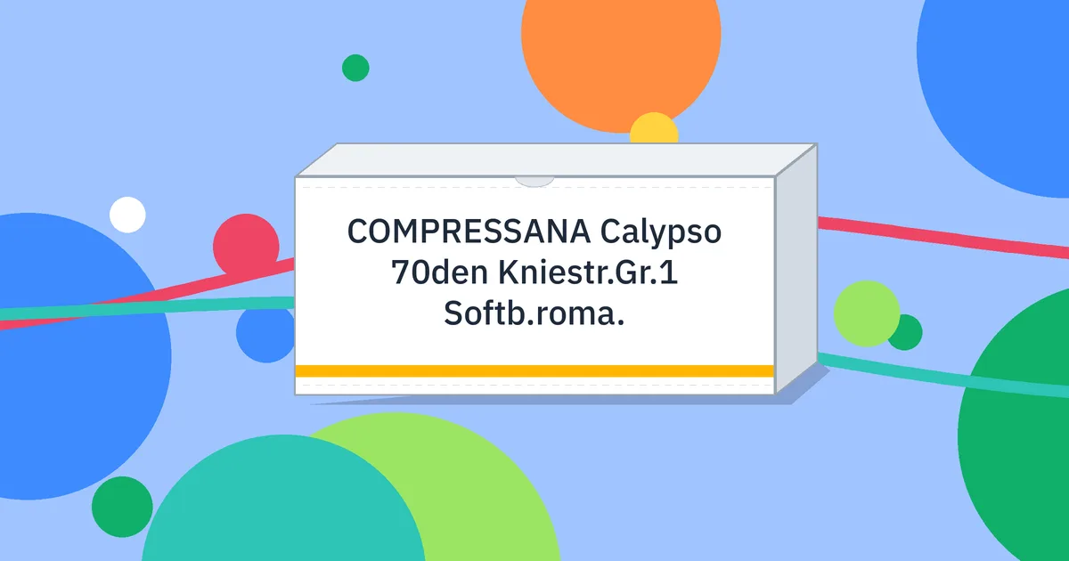 Symbolbild: Packung mit der Aufschrift COMPRESSANA Calypso 70den Kniestr.Gr.1 Softb.roma. (PZN 07719496) – Verfügbarkeit und Bezug in Apotheken in Frankfurt am Main