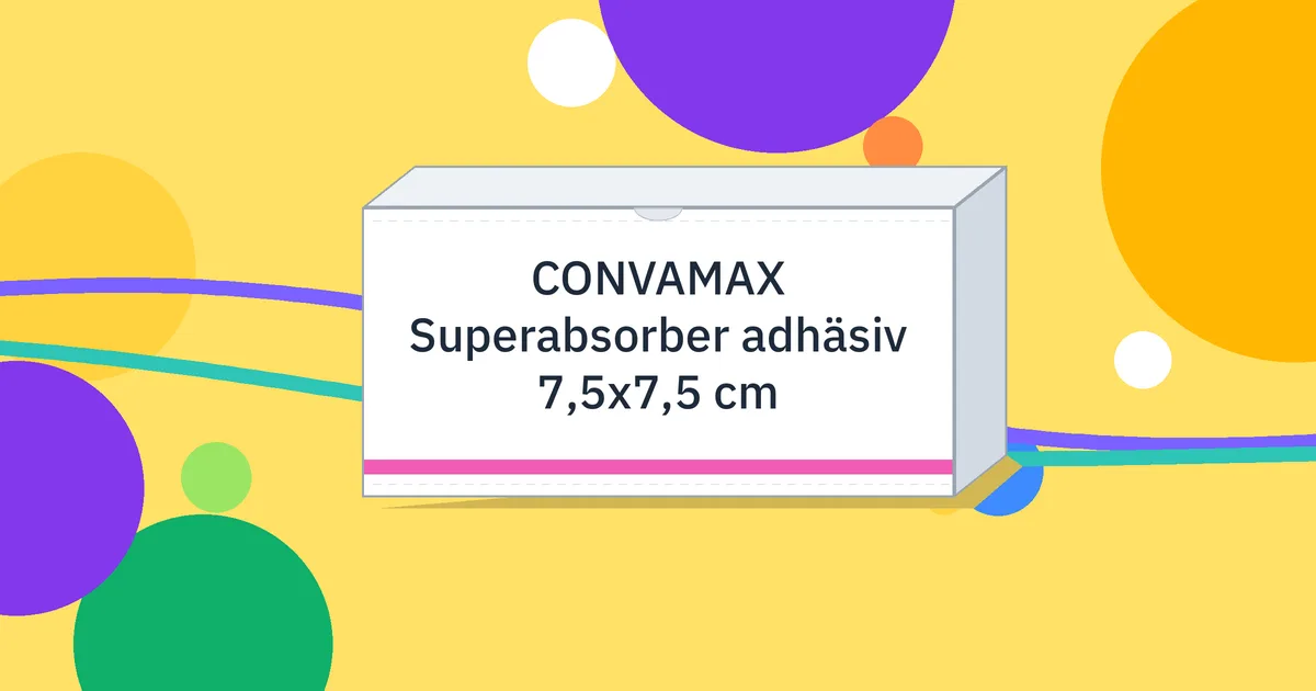 Symbolbild: Packung mit der Aufschrift CONVAMAX Superabsorber adhäsiv 7,5x7,5 cm (PZN 18037506) – Verfügbarkeit und Bezug in Apotheken in Frankfurt am Main