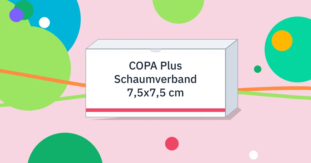 Symbolbild: Packung mit der Aufschrift COPA Plus Schaumverband 7,5x7,5 cm (PZN 05383856) – Verfügbarkeit und Bezug in Apotheken in Frankfurt am Main