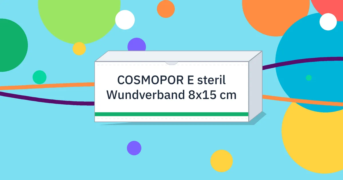 Symbolbild: Packung mit der Aufschrift COSMOPOR E steril Wundverband 8x15 cm (PZN 18469884) – Verfügbarkeit und Bezug in Apotheken in Frankfurt am Main