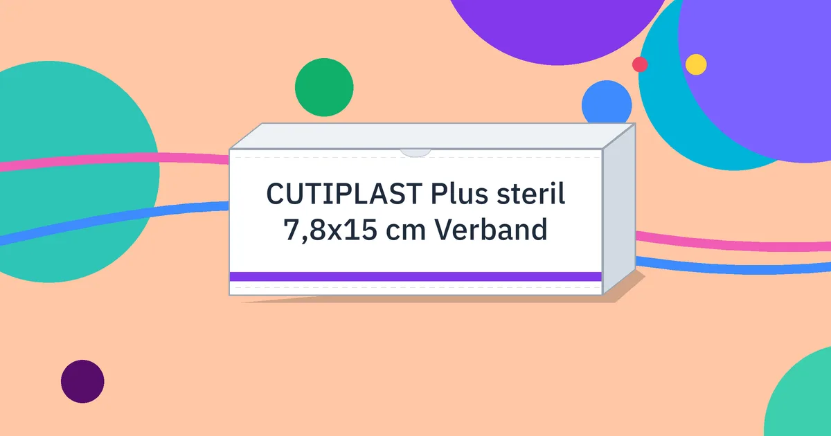 Symbolbild: Packung mit der Aufschrift CUTIPLAST Plus steril 7,8x15 cm Verband (PZN 09755639) – Verfügbarkeit und Bezug in Apotheken in Frankfurt am Main