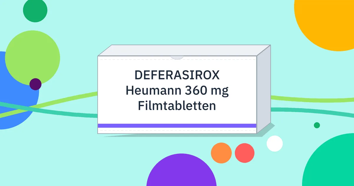 Symbolbild: Packung mit der Aufschrift DEFERASIROX Heumann 360 mg Filmtabletten (PZN 16358123) – Verfügbarkeit und Bezug in Apotheken in Frankfurt am Main