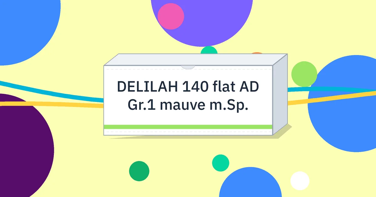 Symbolbild: Packung mit der Aufschrift DELILAH 140 flat AD Gr.1 mauve m.Sp. (PZN 14246868) – Verfügbarkeit und Bezug in Apotheken in Frankfurt am Main