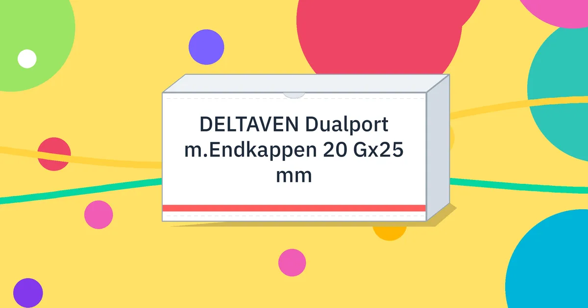 Symbolbild: Packung mit der Aufschrift DELTAVEN Dualport m.Endkappen 20 Gx25 mm (PZN 20365287) – Verfügbarkeit und Bezug in Apotheken in Frankfurt am Main