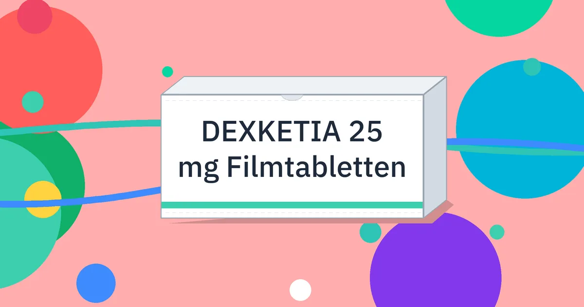 Symbolbild: Packung mit der Aufschrift DEXKETIA 25 mg Filmtabletten (PZN 18862630) – Verfügbarkeit und Bezug in Apotheken in Frankfurt am Main