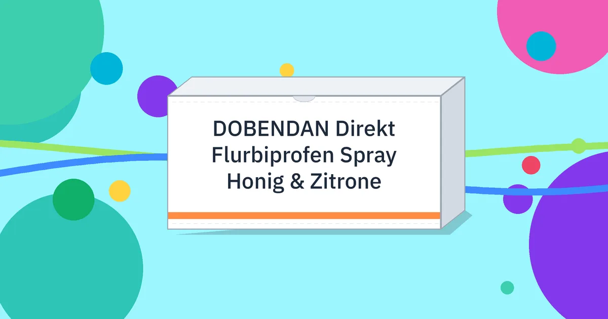 Symbolbild: Packung mit der Aufschrift DOBENDAN Direkt Flurbiprofen Spray Honig & Zitrone (PZN 16502620) – Verfügbarkeit und Bezug in Apotheken in Frankfurt am Main