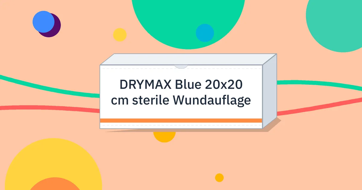 Symbolbild: Packung mit der Aufschrift DRYMAX Blue 20x20 cm sterile Wundauflage (PZN 18683057) – Verfügbarkeit und Bezug in Apotheken in Frankfurt am Main