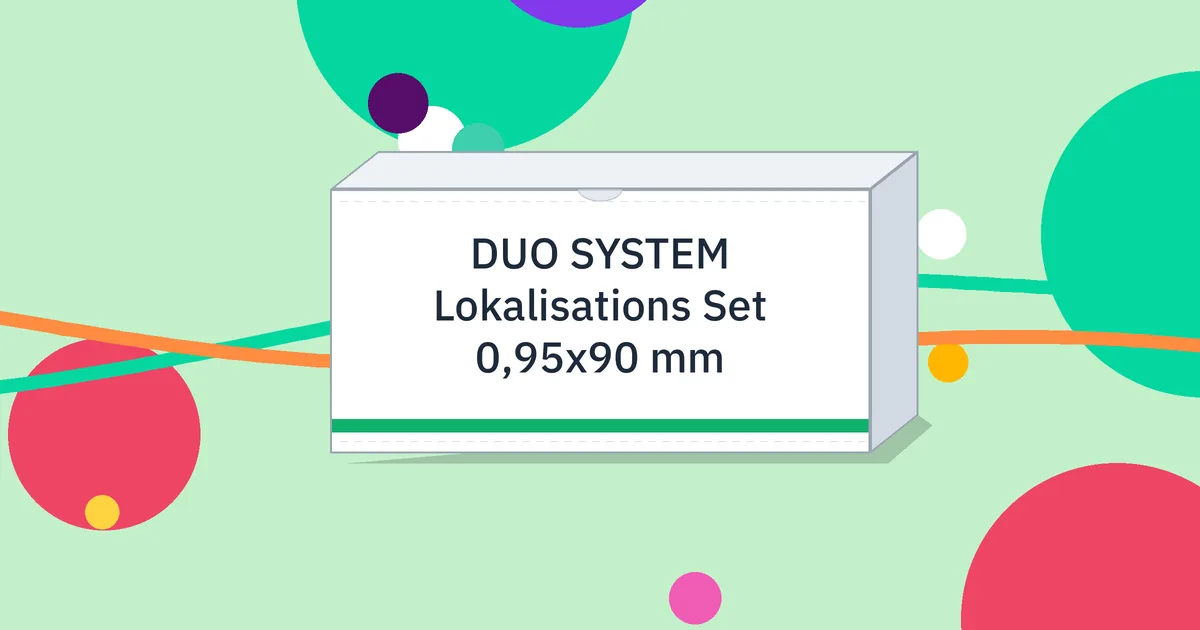 Symbolbild: Packung mit der Aufschrift DUO SYSTEM Lokalisations Set 0,95x90 mm (PZN 20085613) – Verfügbarkeit und Bezug in Apotheken in Frankfurt am Main