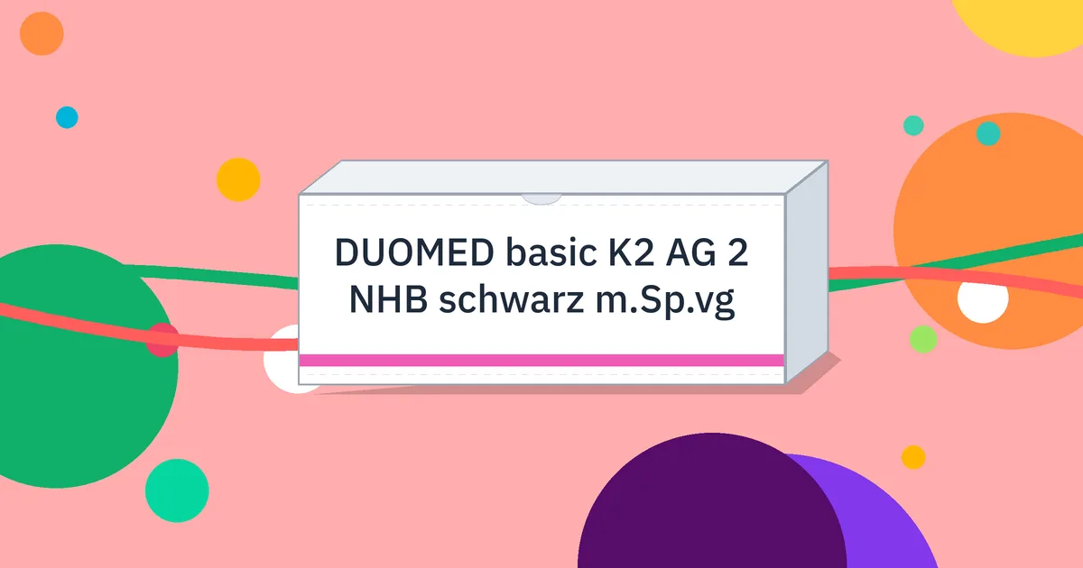 Symbolbild: Packung mit der Aufschrift DUOMED basic K2 AG 2 NHB schwarz m.Sp.vg (PZN 20908902) – Verfügbarkeit und Bezug in Apotheken in Frankfurt am Main