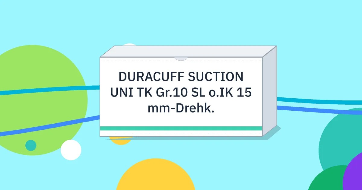 Symbolbild: Packung mit der Aufschrift DURACUFF SUCTION UNI TK Gr.10 SL o.IK 15 mm-Drehk. (PZN 02700546) – Verfügbarkeit und Bezug in Apotheken in Frankfurt am Main