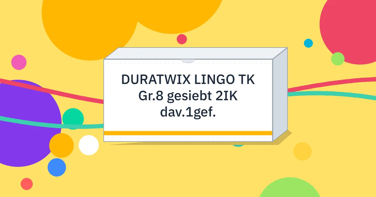 Symbolbild: Packung mit der Aufschrift DURATWIX LINGO TK Gr.8 gesiebt 2IK dav.1gef. (PZN 06969877) – Verfügbarkeit und Bezug in Apotheken in Frankfurt am Main