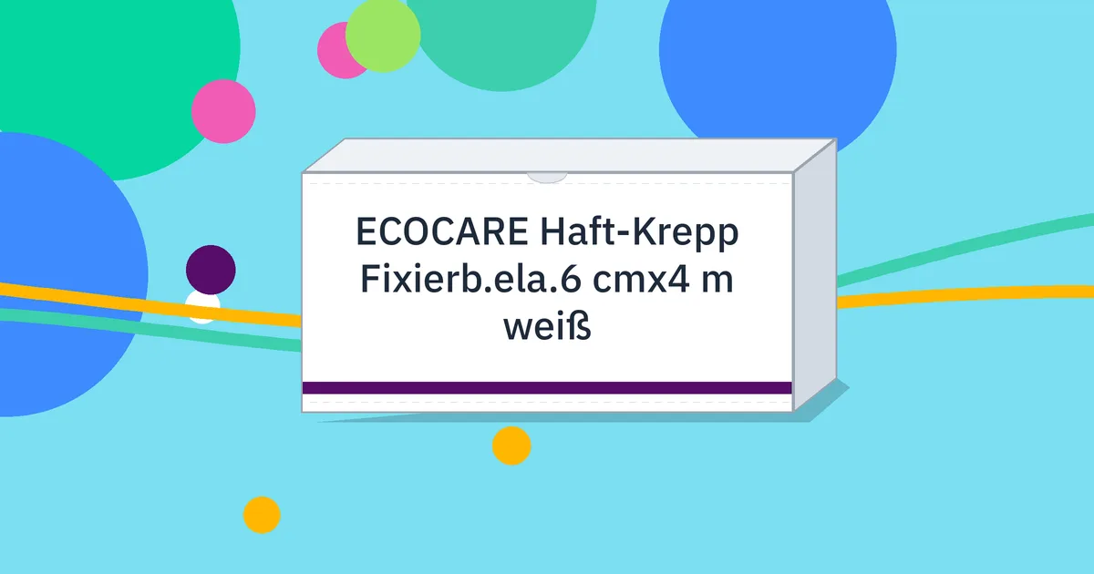 Symbolbild: Packung mit der Aufschrift ECOCARE Haft-Krepp Fixierb.ela.6 cmx4 m weiß (PZN 11518579) – Verfügbarkeit und Bezug in Apotheken in Frankfurt am Main