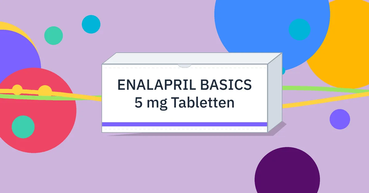 Symbolbild: Packung mit der Aufschrift ENALAPRIL BASICS 5 mg Tabletten (PZN 02235948) – Verfügbarkeit und Bezug in Apotheken in Frankfurt am Main