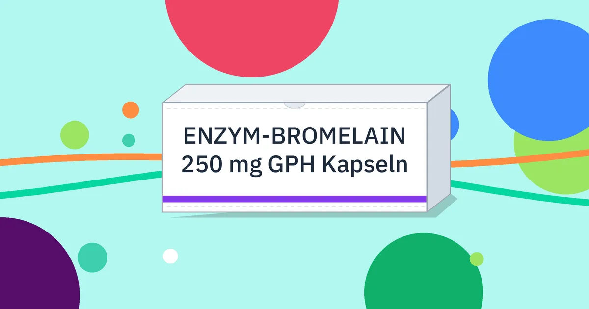 Symbolbild: Packung mit der Aufschrift ENZYM-BROMELAIN 250 mg GPH Kapseln (PZN 02568526) – Verfügbarkeit und Bezug in Apotheken in Frankfurt am Main