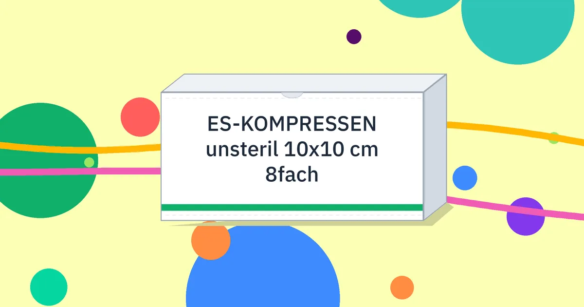 Symbolbild: Packung mit der Aufschrift ES-KOMPRESSEN unsteril 10x10 cm 8fach (PZN 19335157) – Verfügbarkeit und Bezug in Apotheken in Frankfurt am Main