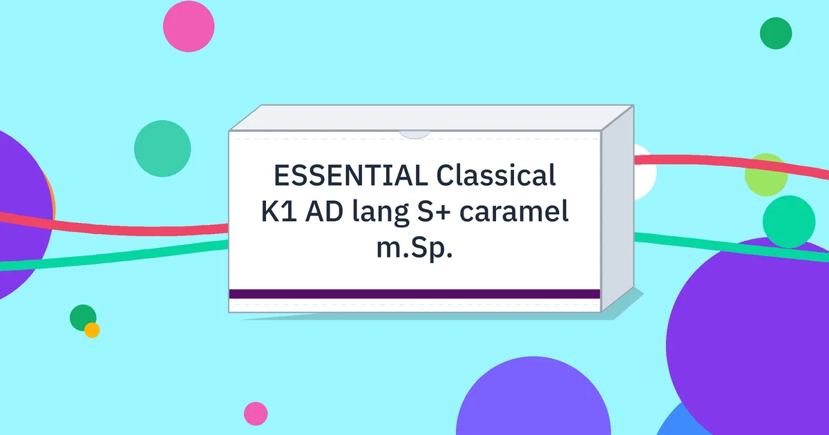 Symbolbild: Packung mit der Aufschrift ESSENTIAL Classical K1 AD lang S+ caramel m.Sp. (PZN 17008678) – Verfügbarkeit und Bezug in Apotheken in Frankfurt am Main