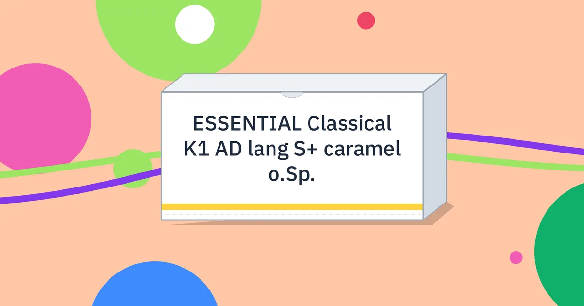 Symbolbild: Packung mit der Aufschrift ESSENTIAL Classical K1 AD lang S+ caramel o.Sp. (PZN 17009117) – Verfügbarkeit und Bezug in Apotheken in Frankfurt am Main