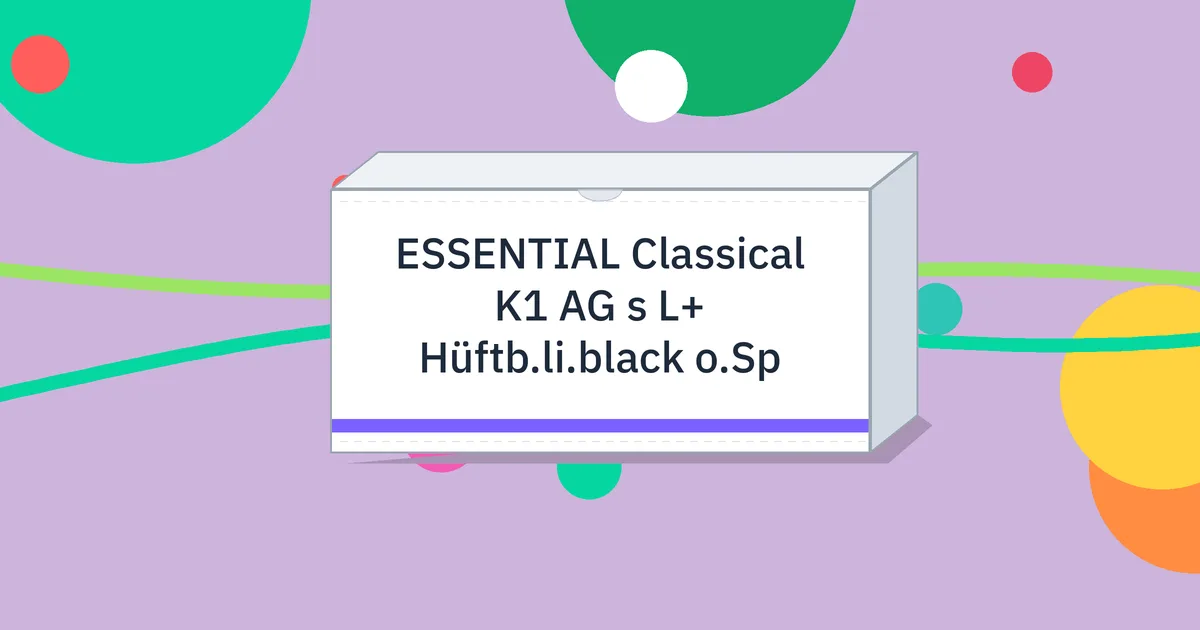Symbolbild: Packung mit der Aufschrift ESSENTIAL Classical K1 AG s L+ Hüftb.li.black o.Sp (PZN 17013225) – Verfügbarkeit und Bezug in Apotheken in Frankfurt am Main