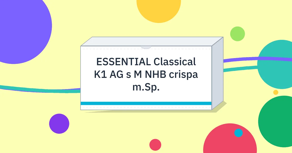 Symbolbild: Packung mit der Aufschrift ESSENTIAL Classical K1 AG s M NHB crispa m.Sp. (PZN 17003238) – Verfügbarkeit und Bezug in Apotheken in Frankfurt am Main