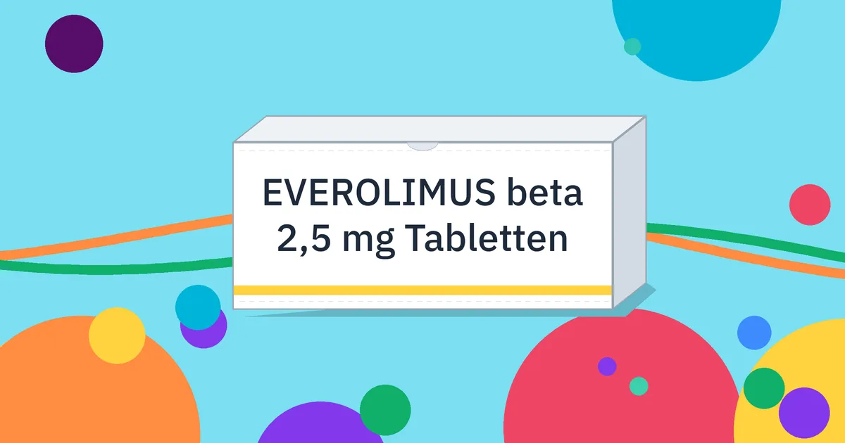 Symbolbild: Packung mit der Aufschrift EVEROLIMUS beta 2,5 mg Tabletten (PZN 14372366) – Verfügbarkeit und Bezug in Apotheken in Frankfurt am Main