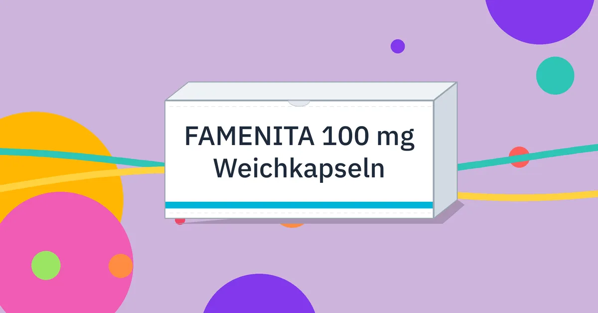Symbolbild: Packung mit der Aufschrift FAMENITA 100 mg Weichkapseln (PZN 09915161) – Verfügbarkeit und Bezug in Apotheken in Frankfurt am Main