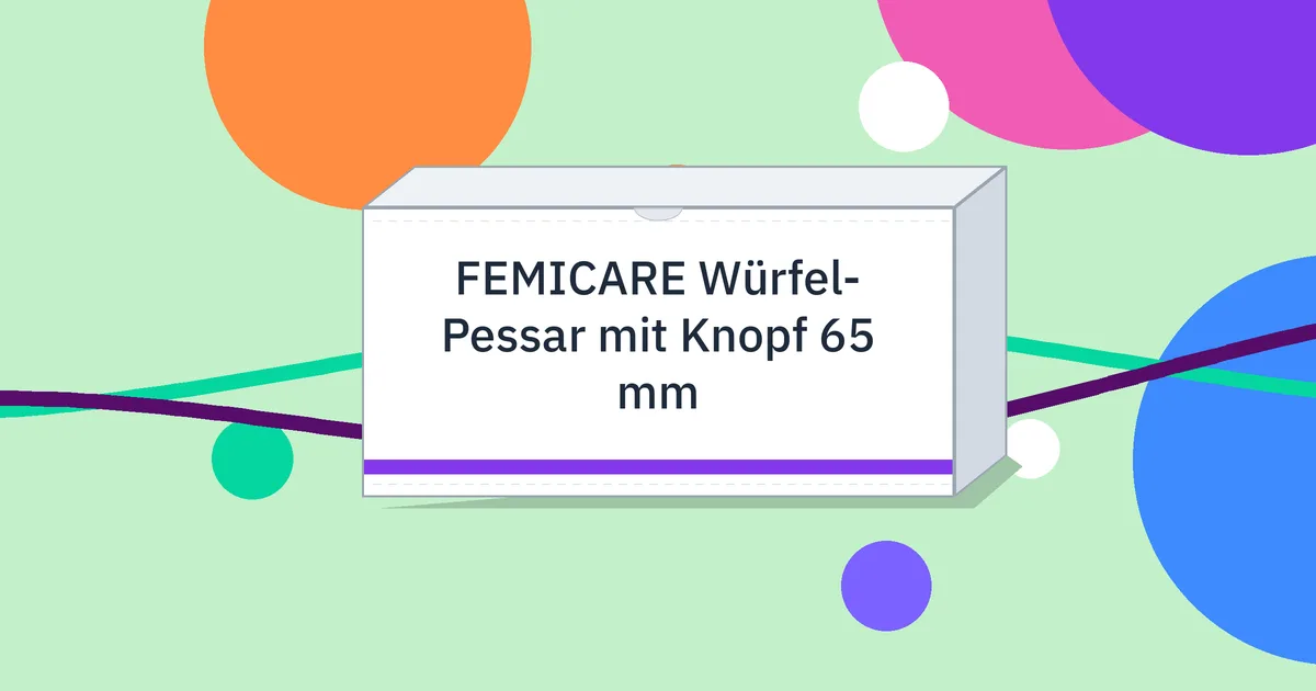 Symbolbild: Packung mit der Aufschrift FEMICARE Würfel-Pessar mit Knopf 65 mm (PZN 19335861) – Verfügbarkeit und Bezug in Apotheken in Frankfurt am Main