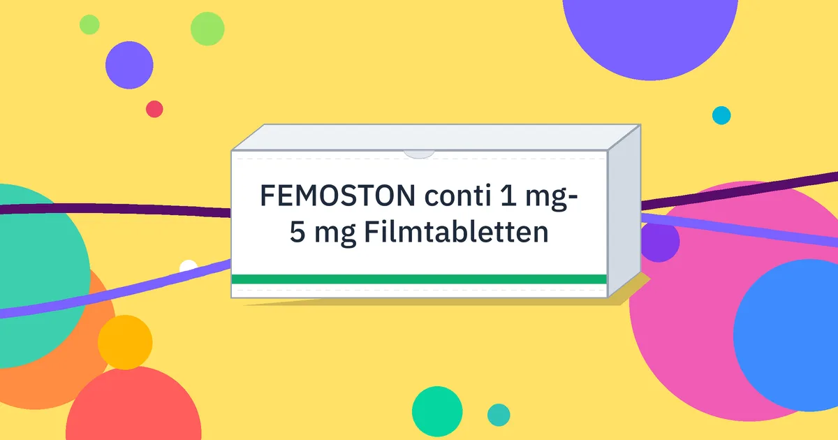 Symbolbild: Packung mit der Aufschrift FEMOSTON conti 1 mg-5 mg Filmtabletten (PZN 01214795) – Verfügbarkeit und Bezug in Apotheken in Frankfurt am Main