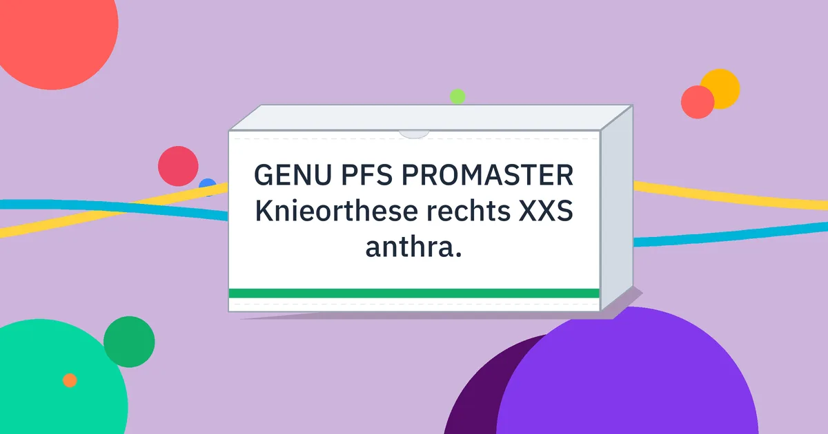 Symbolbild: Packung mit der Aufschrift GENU PFS PROMASTER Knieorthese rechts XXS anthra. (PZN 12490713) – Verfügbarkeit und Bezug in Apotheken in Frankfurt am Main