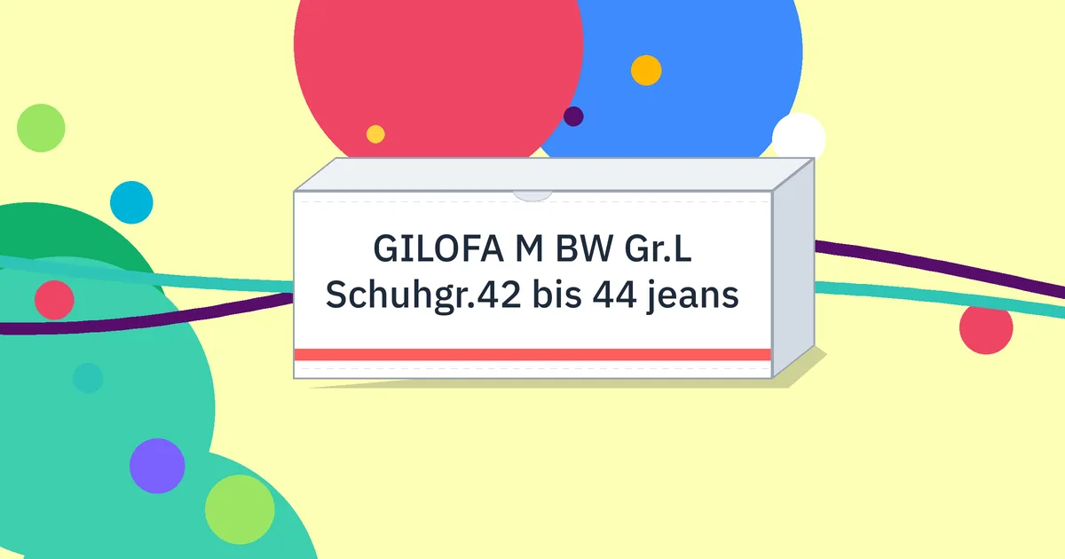 Symbolbild: Packung mit der Aufschrift GILOFA M BW Gr.L Schuhgr.42 bis 44 jeans (PZN 16725343) – Verfügbarkeit und Bezug in Apotheken in Frankfurt am Main