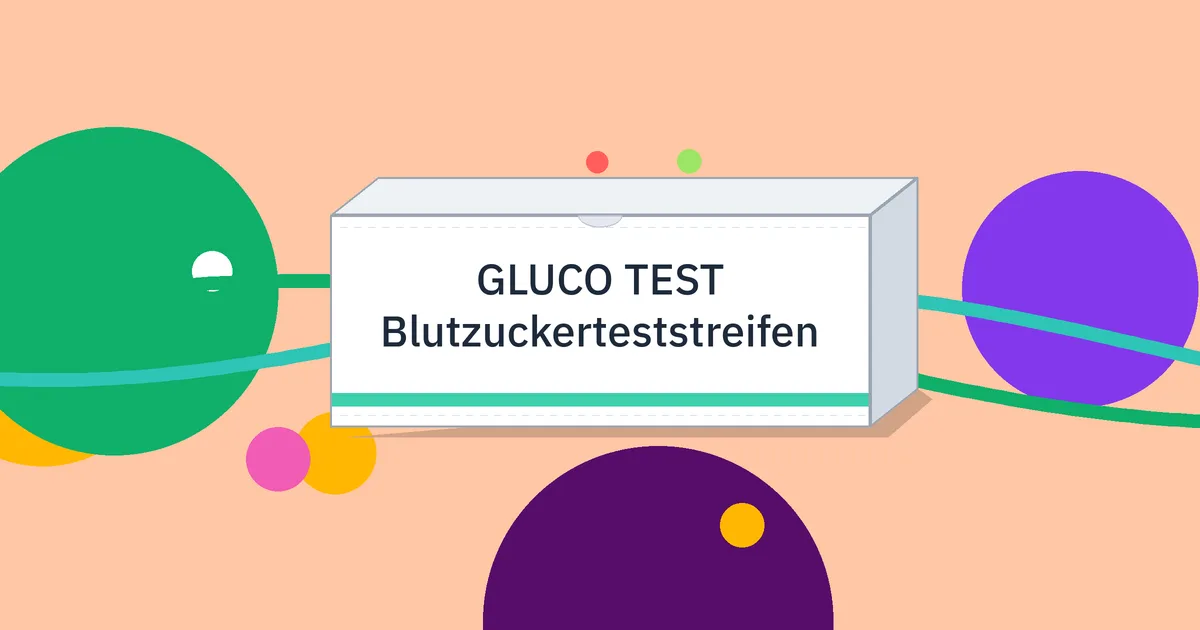 Symbolbild: Packung mit der Aufschrift GLUCO TEST Blutzuckerteststreifen (PZN 03853660) – Verfügbarkeit und Bezug in Apotheken in Frankfurt am Main