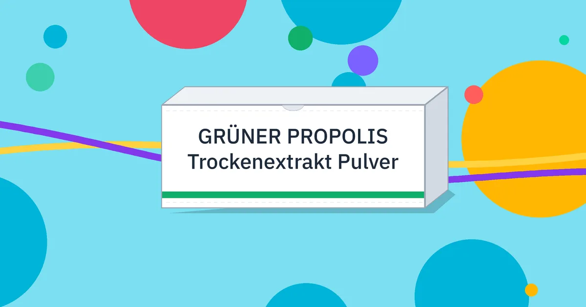 Symbolbild: Packung mit der Aufschrift GRÜNER PROPOLIS Trockenextrakt Pulver (PZN 15870103) – Verfügbarkeit und Bezug in Apotheken in Frankfurt am Main