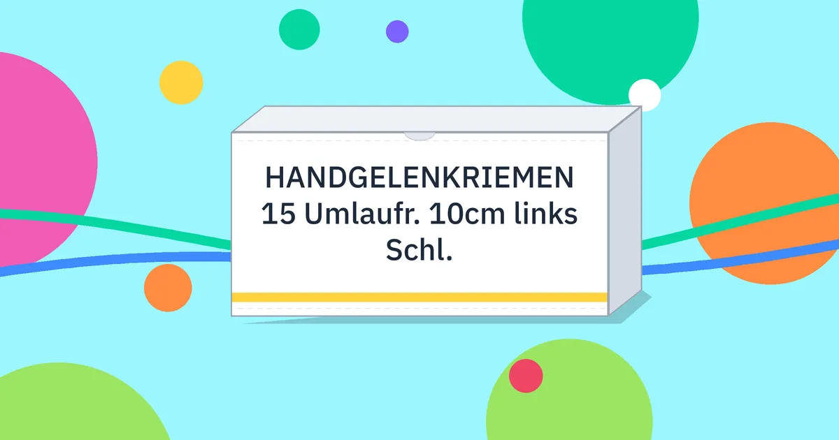 Symbolbild: Packung mit der Aufschrift HANDGELENKRIEMEN 15 Umlaufr. 10cm links Schl. (PZN 01963137) – Verfügbarkeit und Bezug in Apotheken in Frankfurt am Main