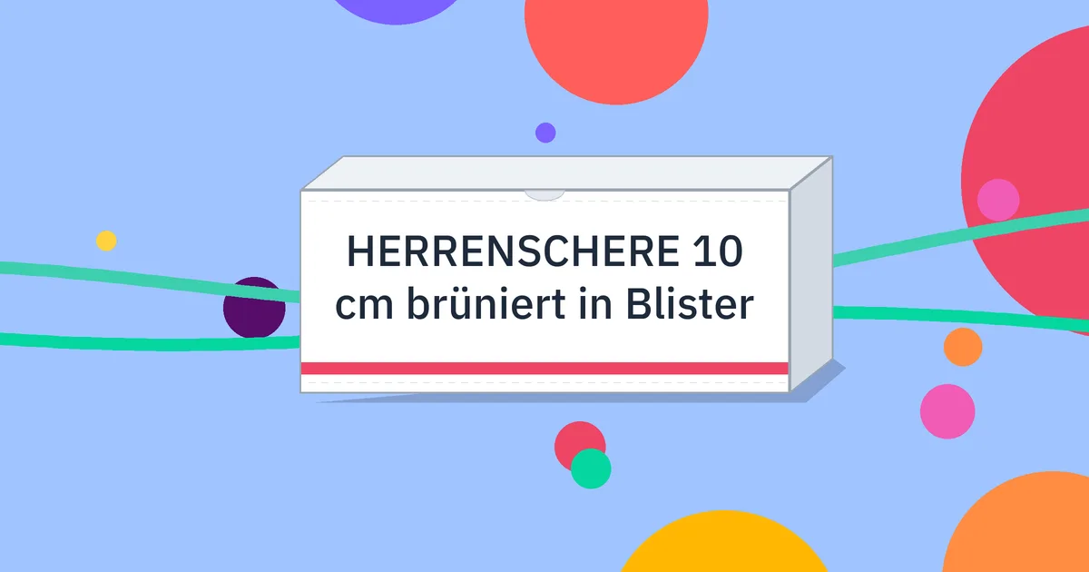 Symbolbild: Packung mit der Aufschrift HERRENSCHERE 10 cm brüniert in Blister (PZN 18155252) – Verfügbarkeit und Bezug in Apotheken in Frankfurt am Main