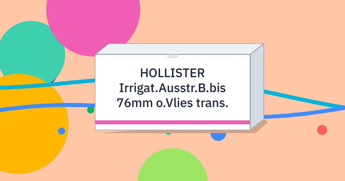 Symbolbild: Packung mit der Aufschrift HOLLISTER Irrigat.Ausstr.B.bis 76mm o.Vlies trans. (PZN 02138978) – Verfügbarkeit und Bezug in Apotheken in Frankfurt am Main